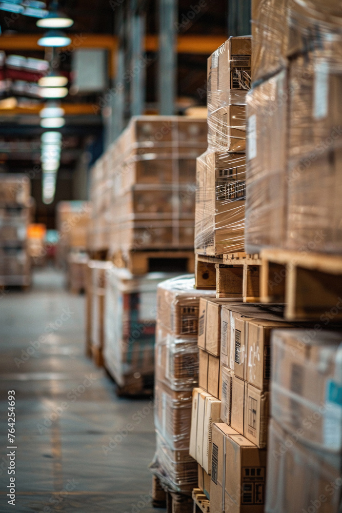 Warehouse with cardboard boxes on shelves background. Logistic ...