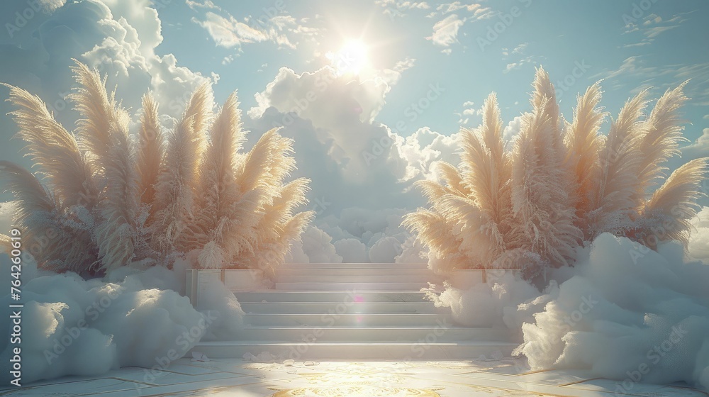 Heavenly White Feather Podium, front view focus, with a Seraphic Clouds ...