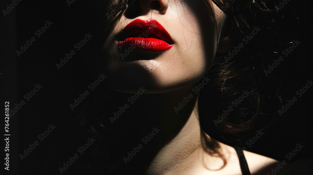 A woman partially in shadow, her red lips the focal point of the image ...