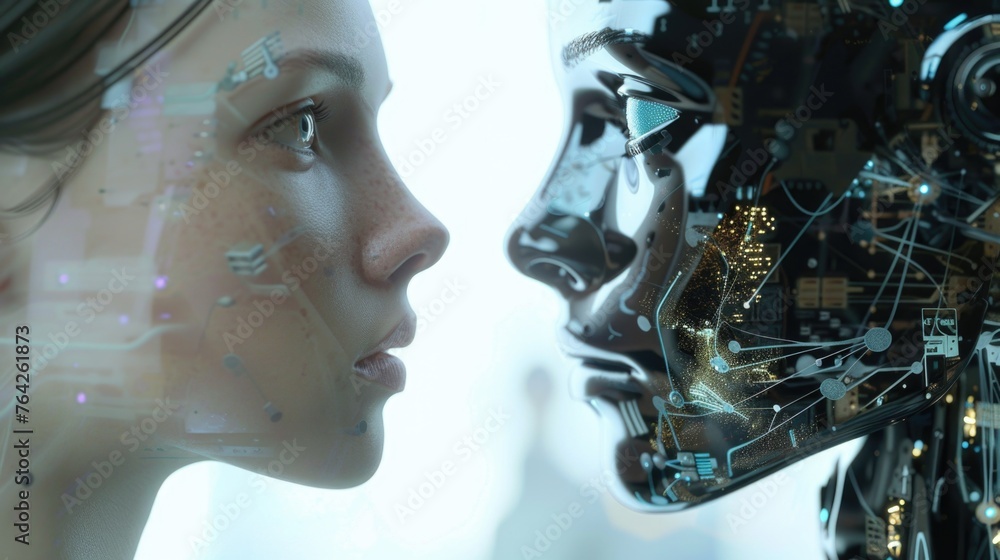 A side-by-side comparison of a human and a humanoid robot, with digital ...