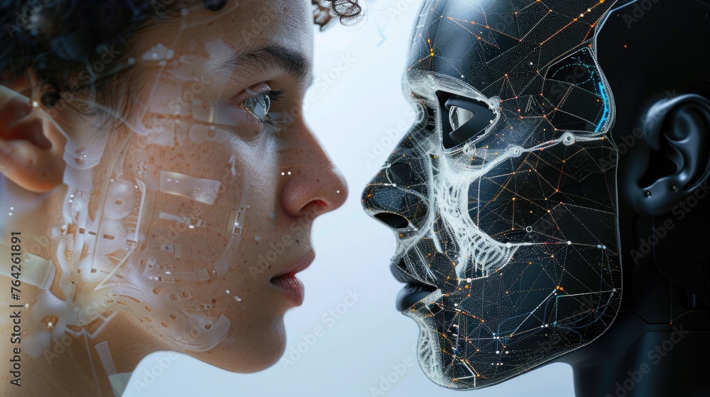 A side-by-side comparison of a human and a humanoid robot, with digital ...