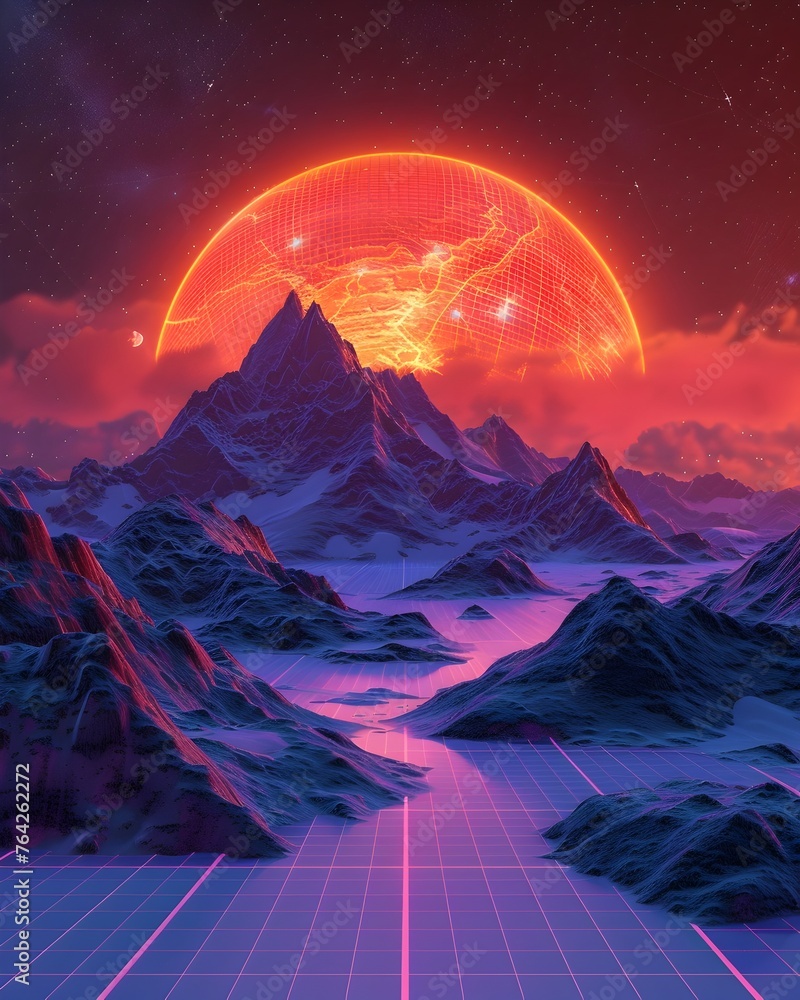 Retro Wave Mountains Soaring Under a Grid Sky A Tribute to 80s Futurism ...