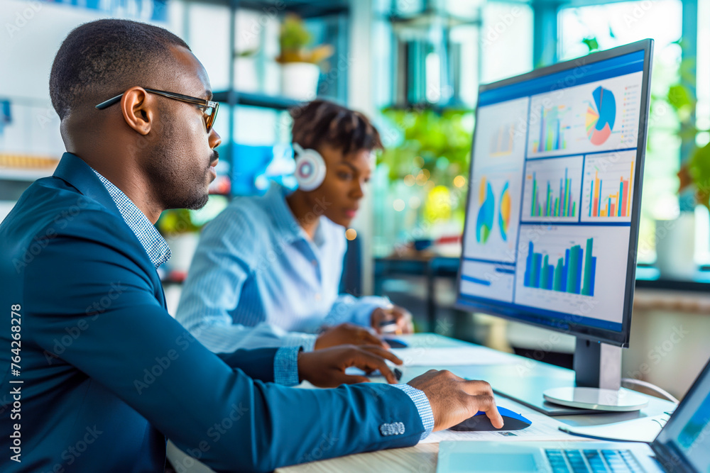 Male executive businessman showing important data on computer screen to ...