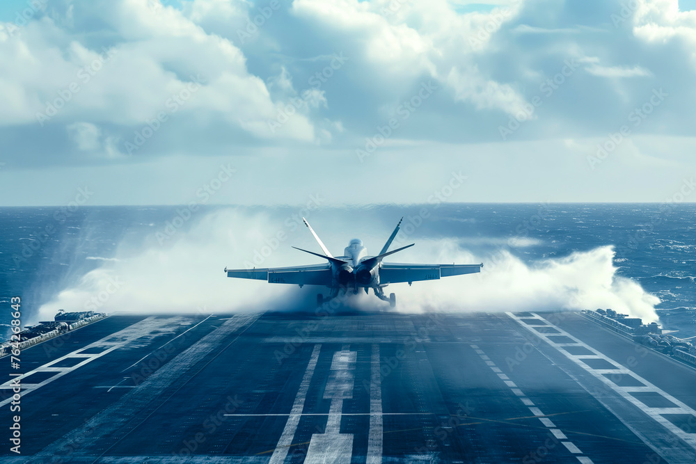 Military Aircraft Launches from Carrier Deck in Open Waters. Launch ...