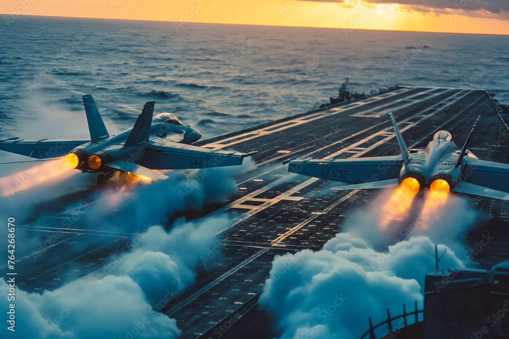 Foto de Military Aircraft Launches from Carrier Deck in Open Waters ...