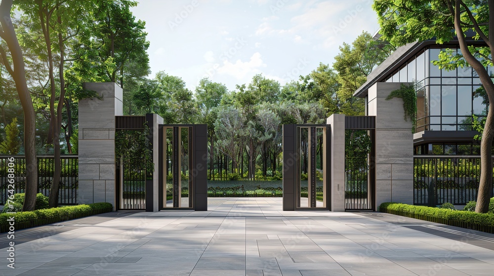 A contemporary villa gate design with clean lines, innovative materials ...
