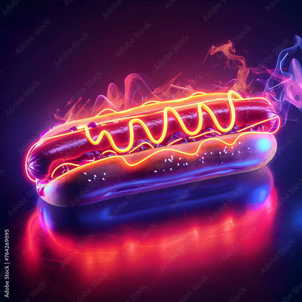 Neon-Glowing Hot Dog With Electric Effects on a Reflective Surface at ...