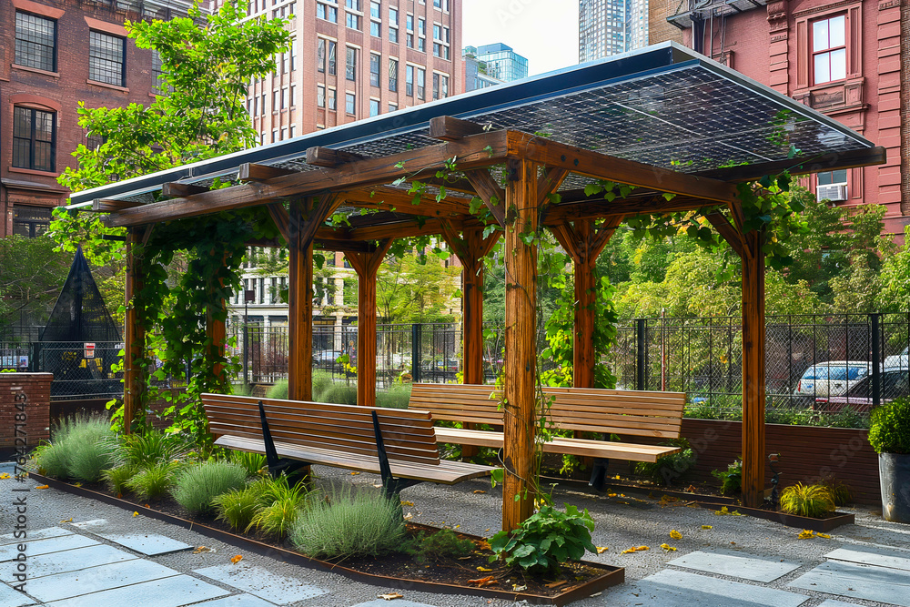 Solar panel pergola in urban setting, showcasing clean energy ...