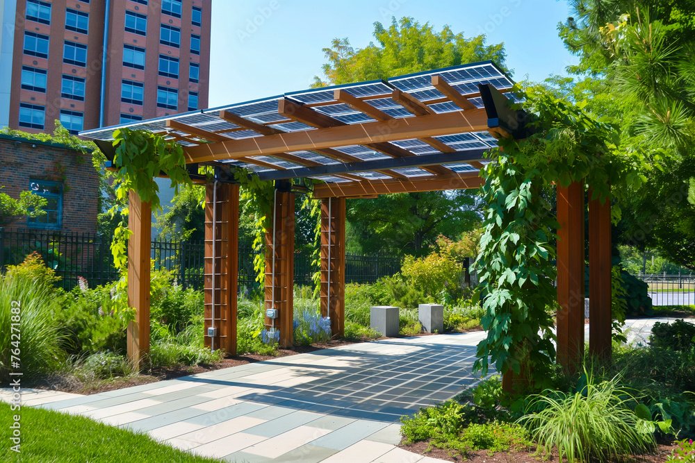 Solar panel pergola in urban setting, showcasing clean energy ...