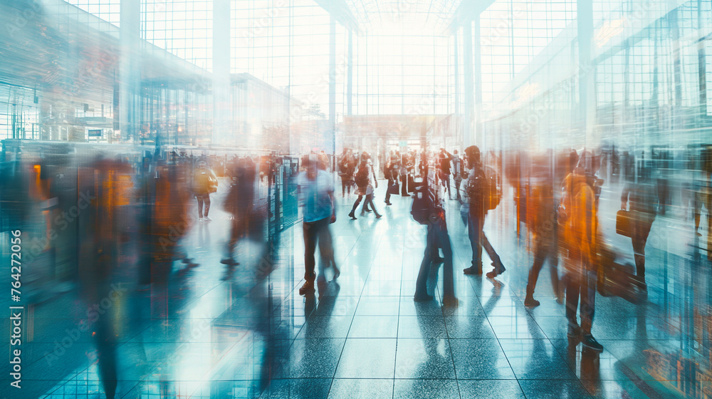 Traveling concept. Crowded modern airport terminal with travelers ...