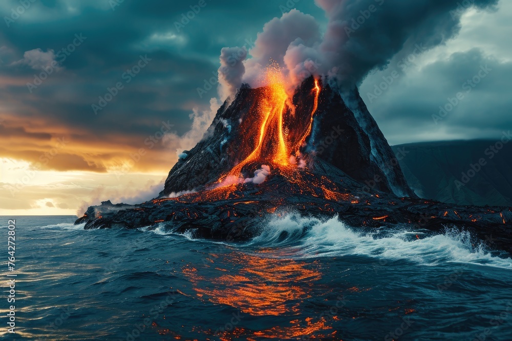 A volcano violently erupts, shooting molten lava into the ocean ...