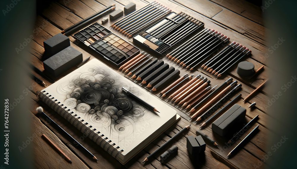 An artist's wooden workspace with an intricate pencil drawing in a ...