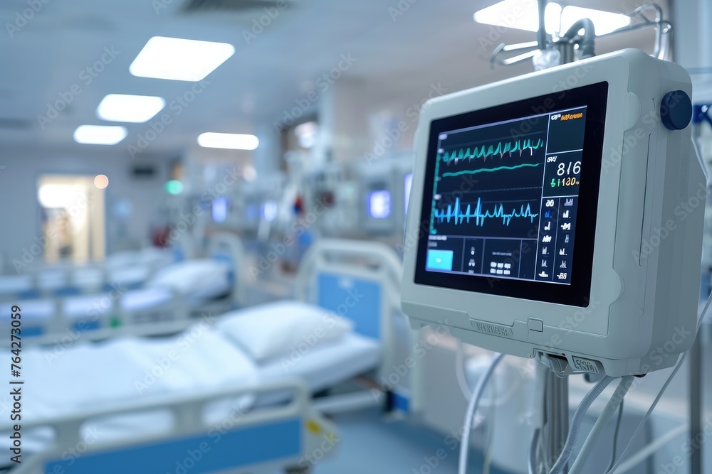A hospital room featuring multiple beds and monitors mounted on the ...