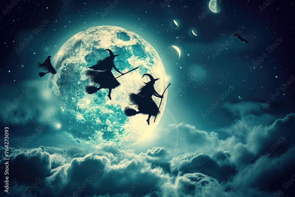Two witches can be seen flying in the night sky over a full moon ...