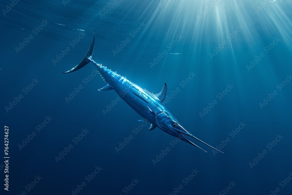 A magnificent blue marlin fish gracefully glides through the clear blue ...