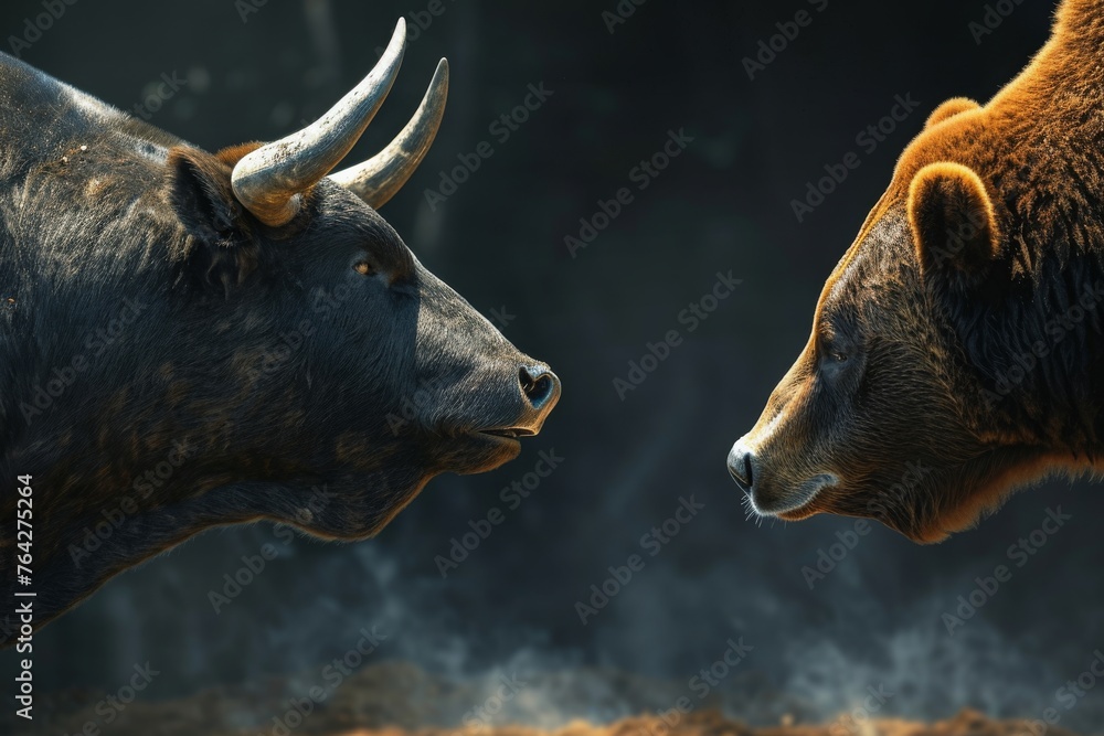 Two bulls stand facing each other, engaging in a confrontation, within ...