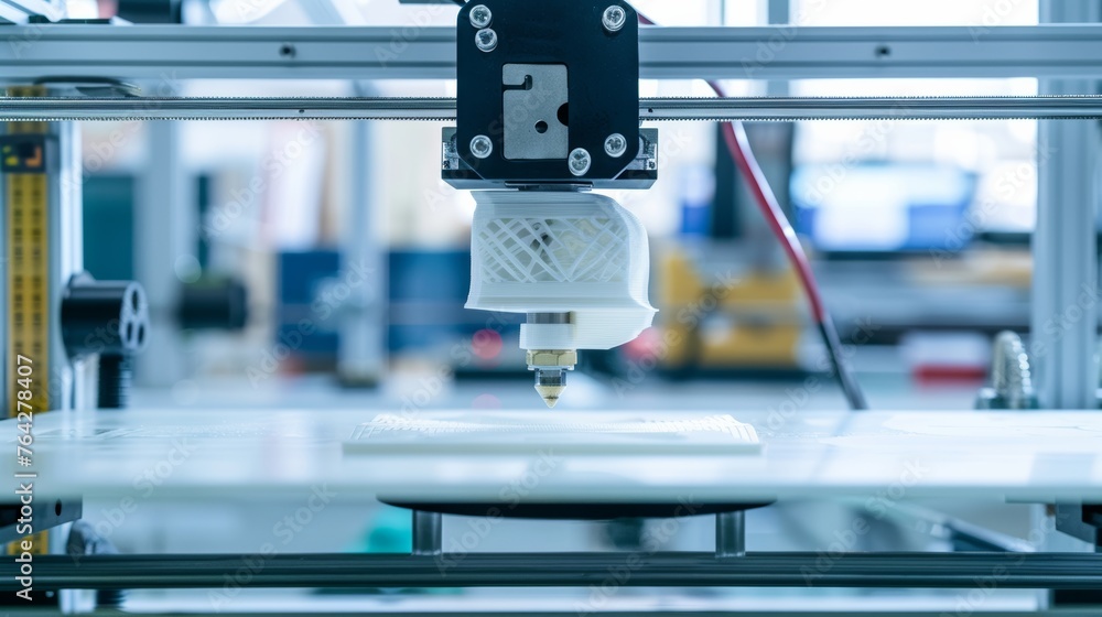 A 3D printer in the midst of creating a white plastic model, offering a ...