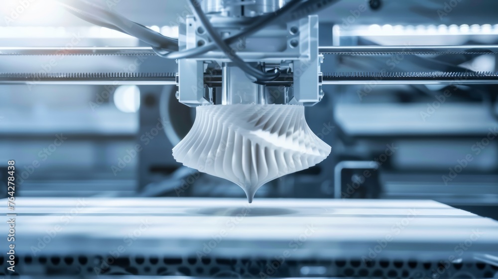 A 3D printer in the midst of creating a white plastic model, offering a ...