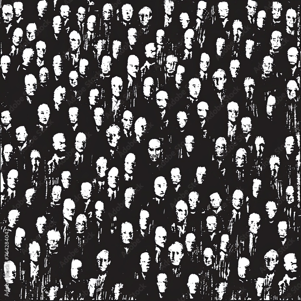 The black and white drawing shows a crowd of people and we see many of ...