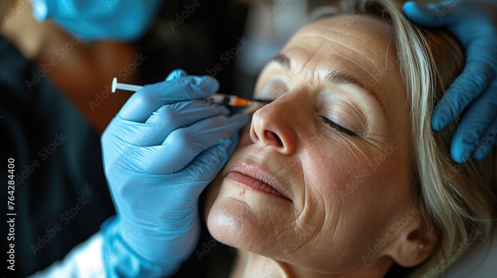 aged woman with facial treatment in aesthetic clinic, receives a botox ...