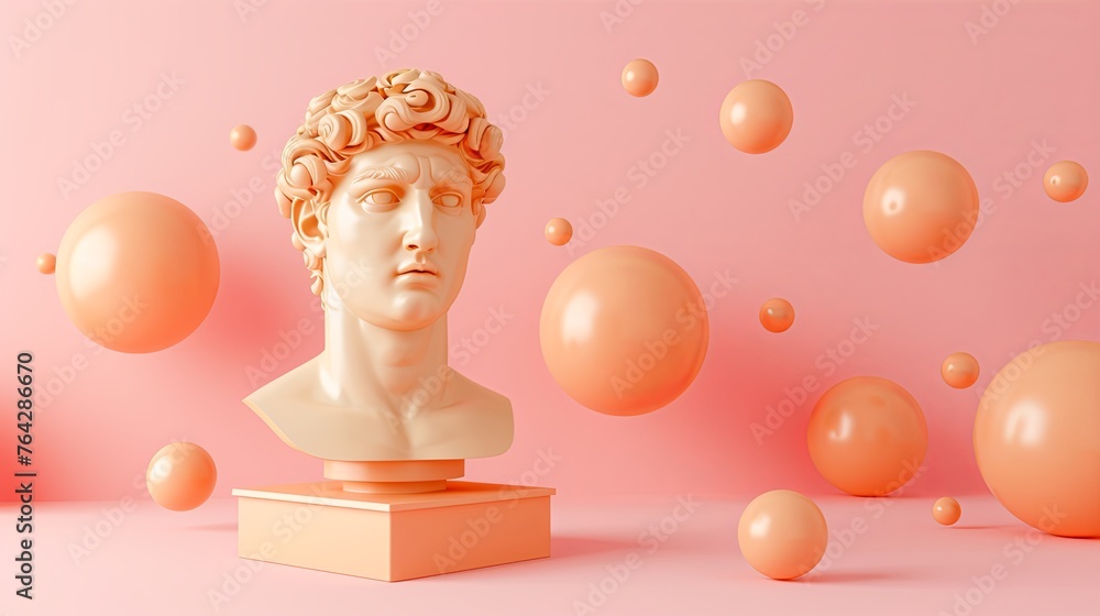 Artistic composition with floating balls and sculpted male head in ...