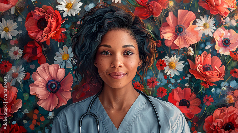 Dark-skinned medical nurse against a background of flowers ...