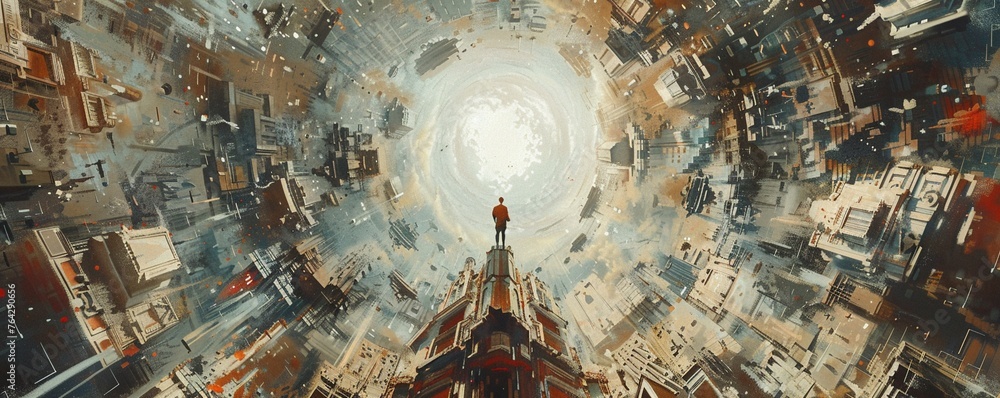 Portray the fusion of historical art styles with avant-garde concepts ...