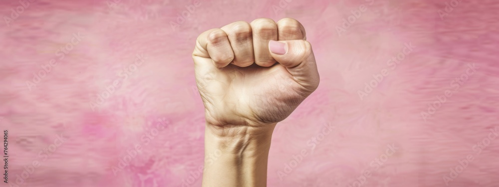 Female fist, gender female sign on pink background. Woman showing fist ...