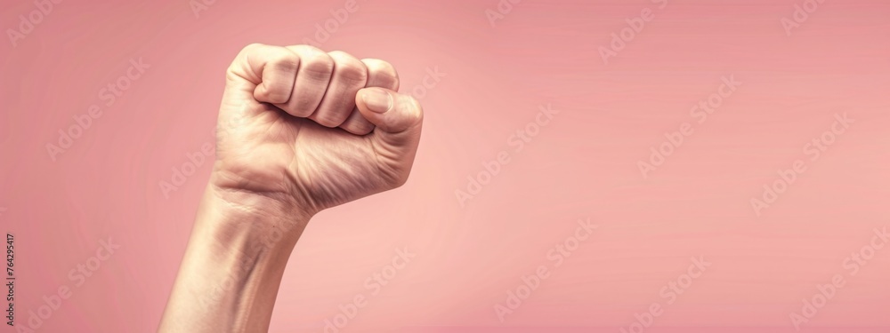 Female fist, gender female sign on pink background. Woman showing fist ...