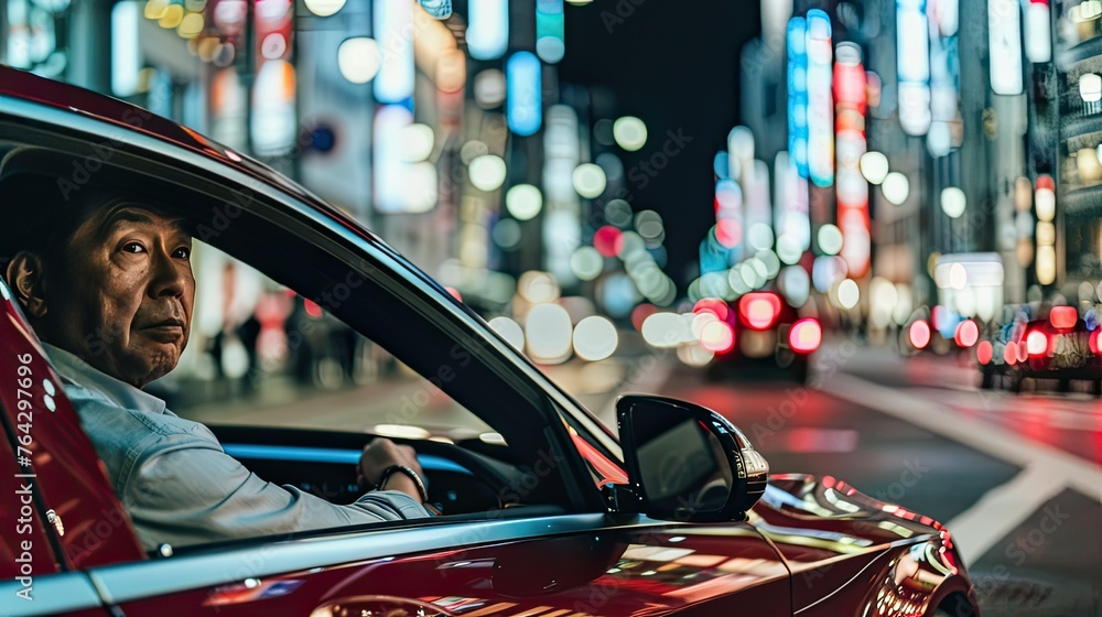 A handsome Japanese man in his late thirties driving a red car during a ...