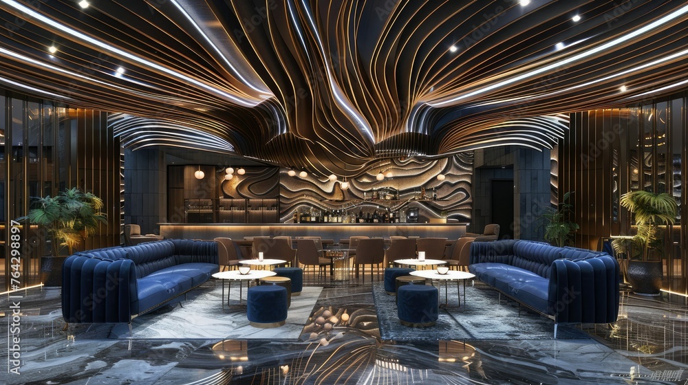 Hotel lobby ceiling with curved lines and wave shape, with reception ...