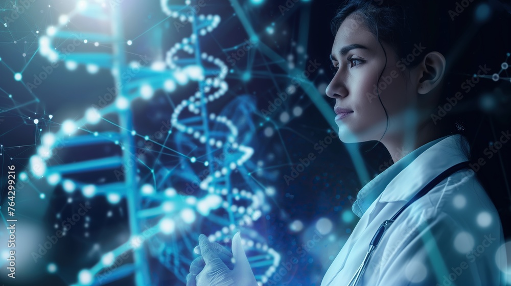 woman with digital DNA helix and data screen - digitalization of medicine Stock Photo | Adobe Stock