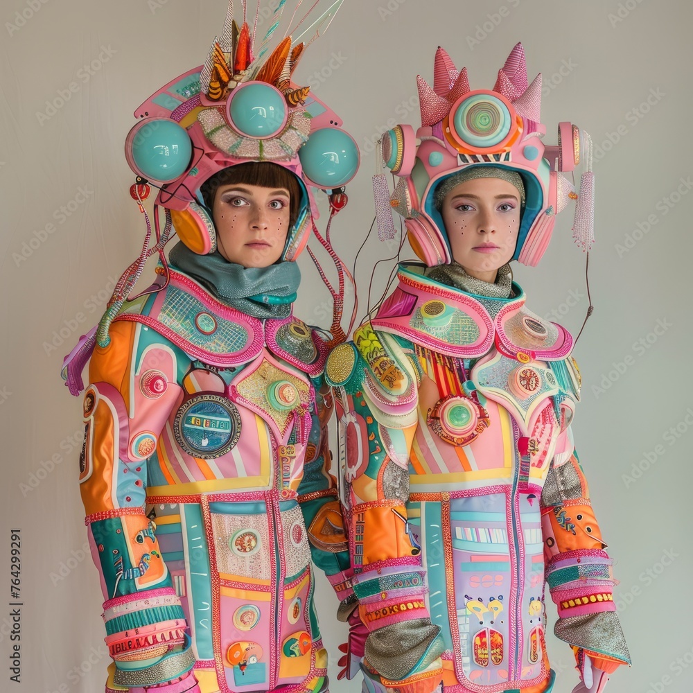 twins dressed up in crazy, wild, weird Electric Power. glow matching ...