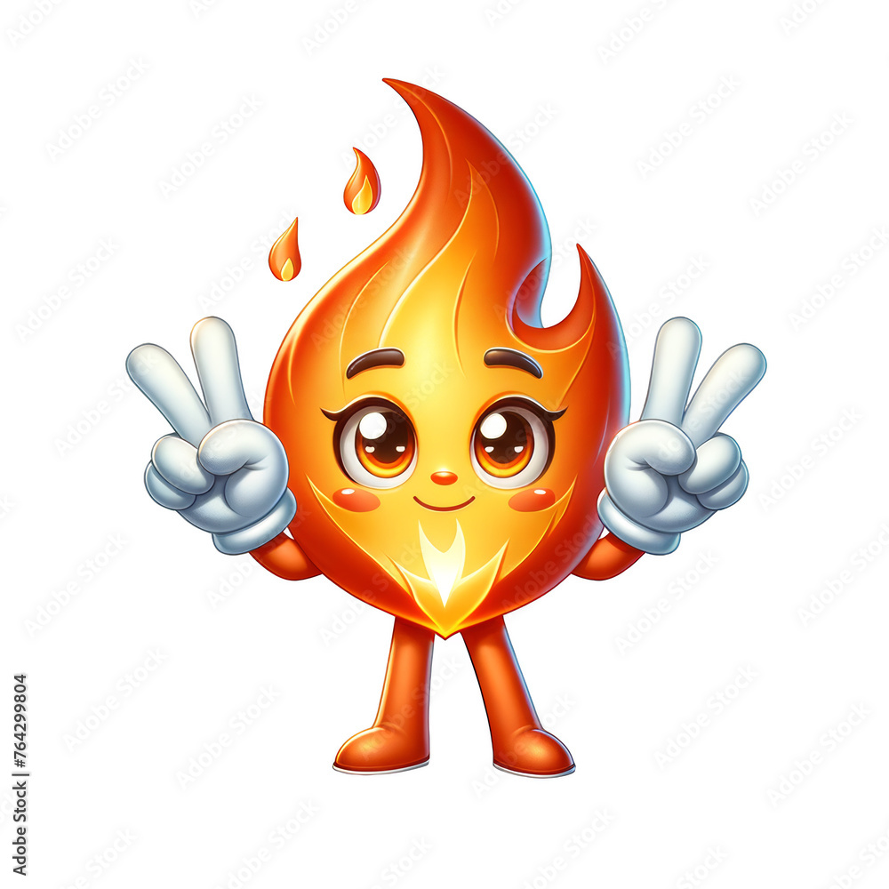 3d flame mascot emoji with two fingers up in the peace or victory ...