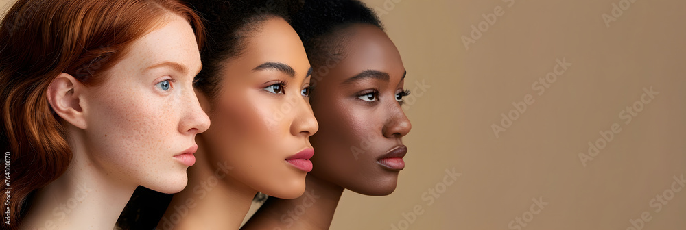 Multi-Ethnic group of women, each with a different type of skin color ...