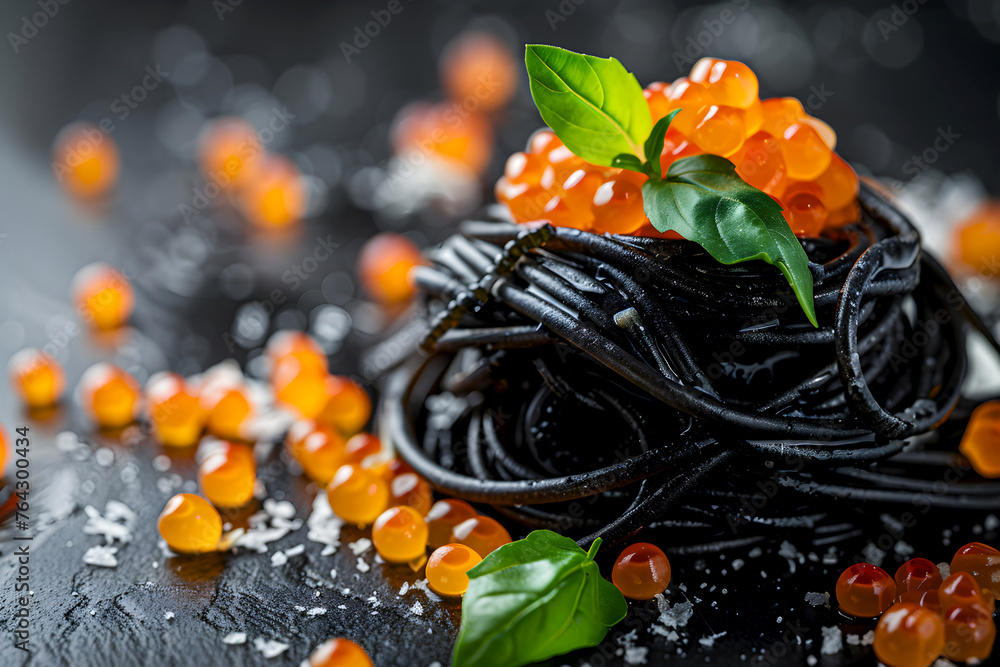 Fancy squid ink spaghetti with caviar on dark background. Black pasta ...