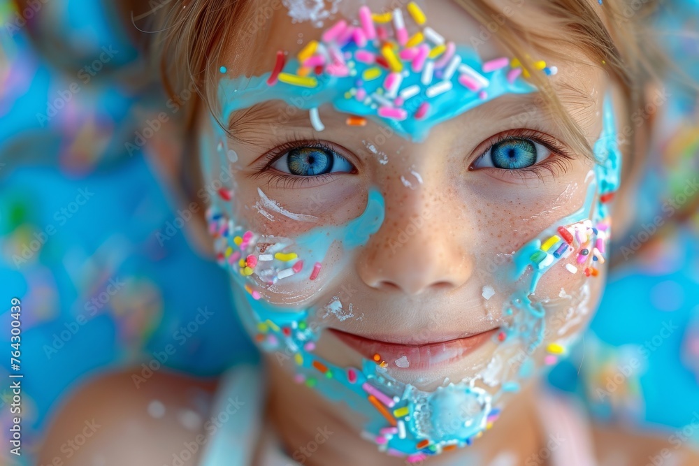 Child with blue eyes and face smeared with ice cream and sprinkles ...