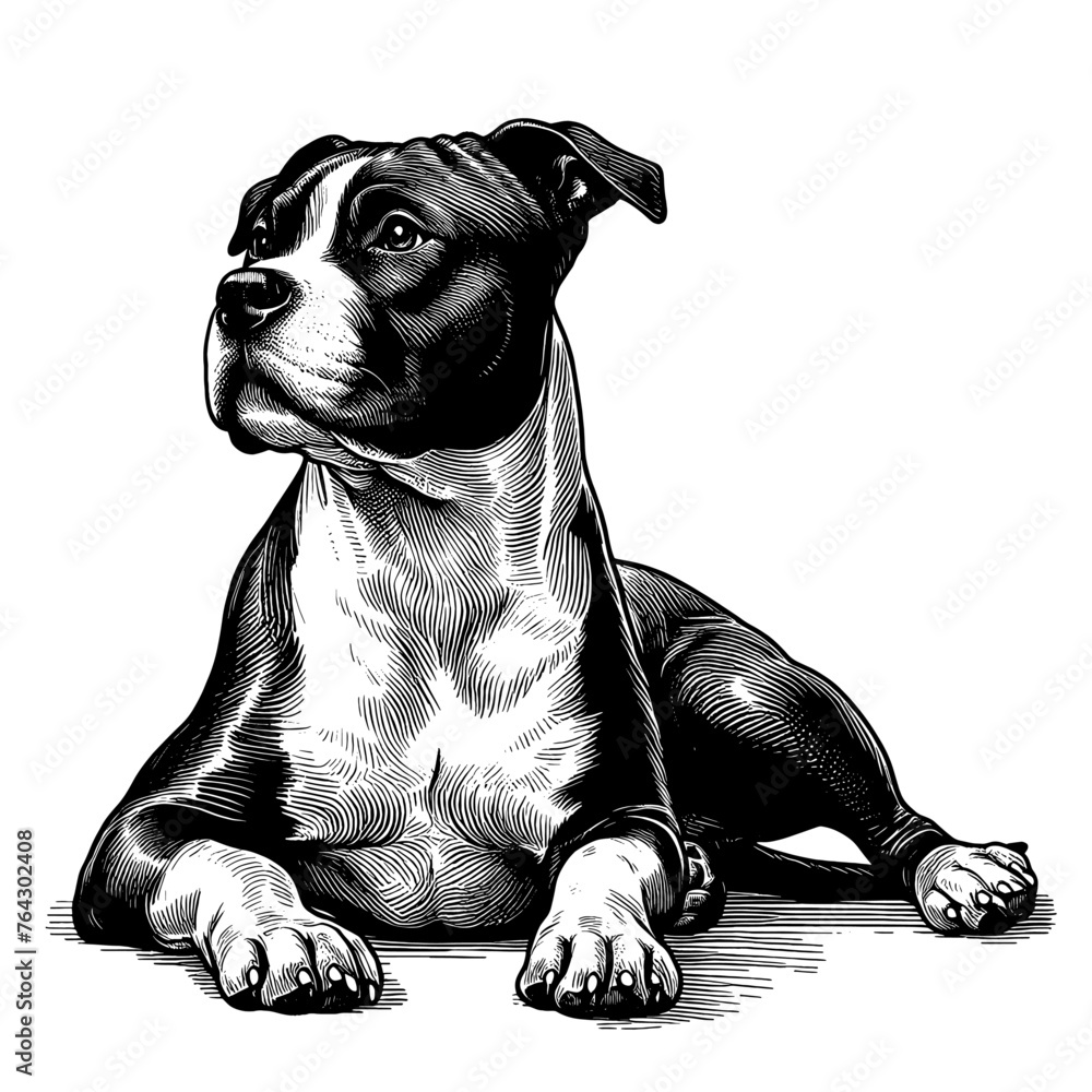 Full-body American Staffordshire laying down. Hand Drawn Pen and Ink ...
