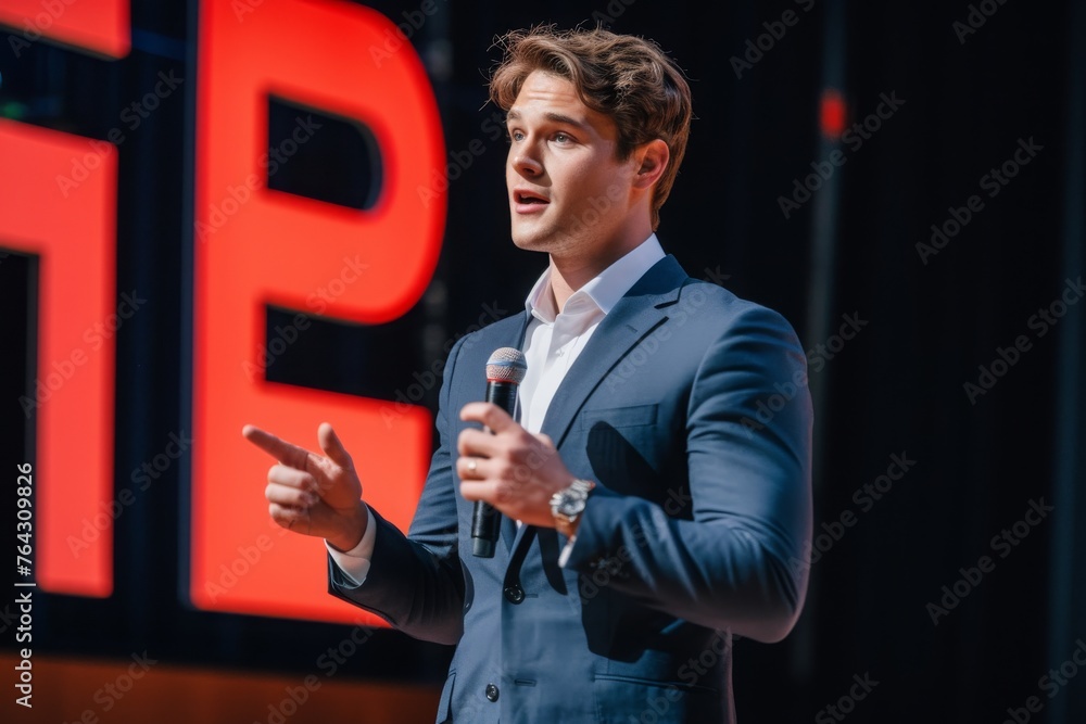A professional man is standing in a suit and speaking into a microphone ...
