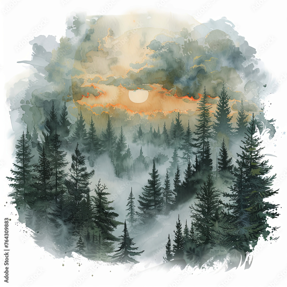 Watercolor forest scene with clouds and sky isolated on white ...