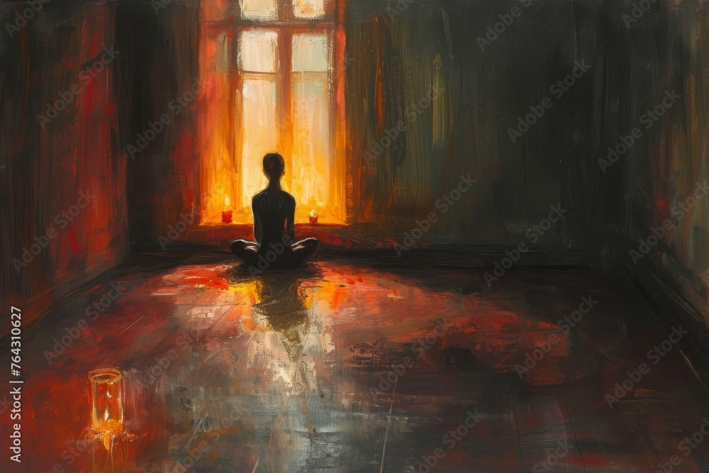 This photograph captures a painting of a person in a seated position ...