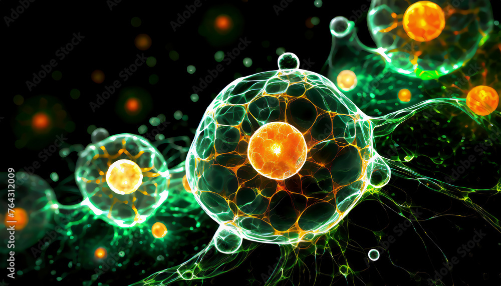 Realistic human cells made of transparent green, white, orange ...