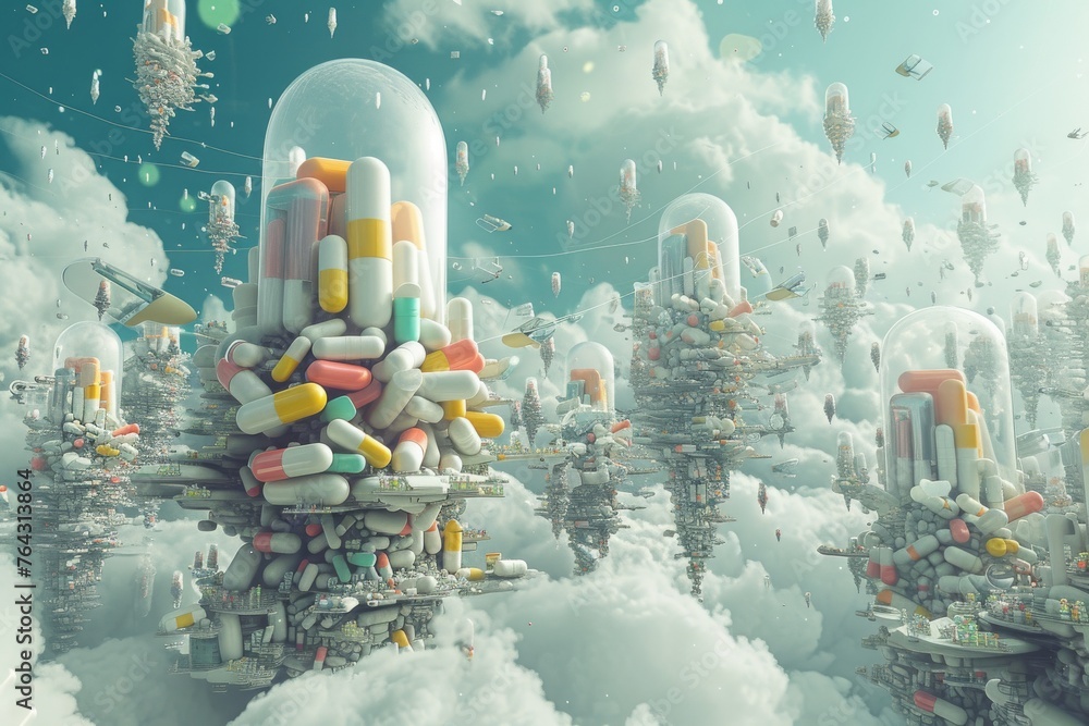 A striking image showing a multitude of pills floating in the sky ...