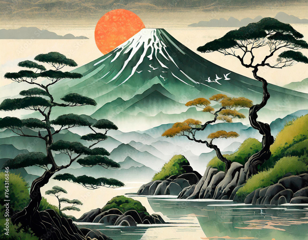 Nature painting in Japanese art style. Everything that exists in nature ...