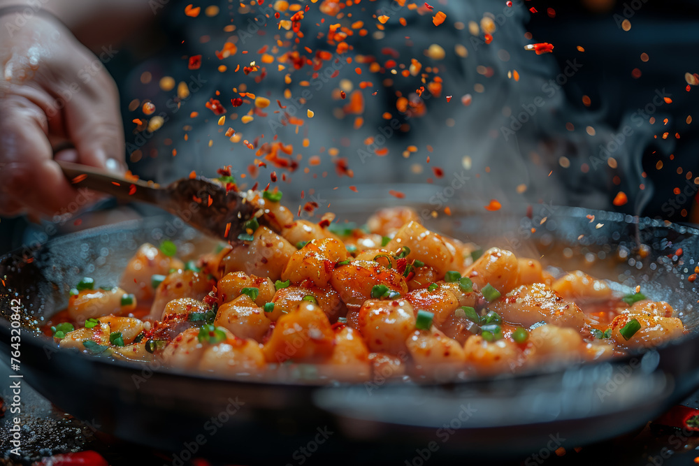 A chef's hands expertly sprinkling a pinch of fiery chili flakes onto a ...