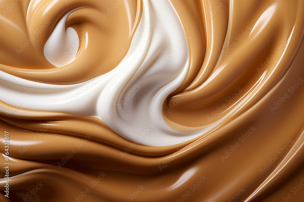 smooth texture of liquid melted caramel and milk cream, poured onto the ...