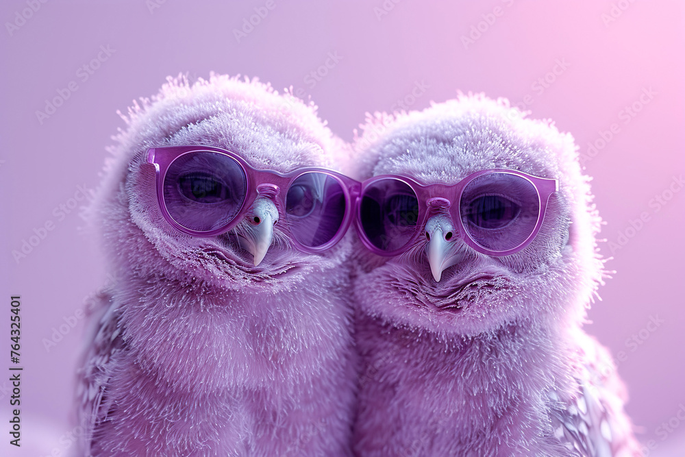 Stylish portrait of two purple owls wearing purple glasess in the ...