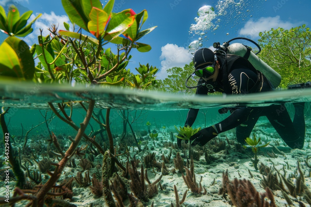 Scuba diver perfectly positioned between the water's surface and the ...