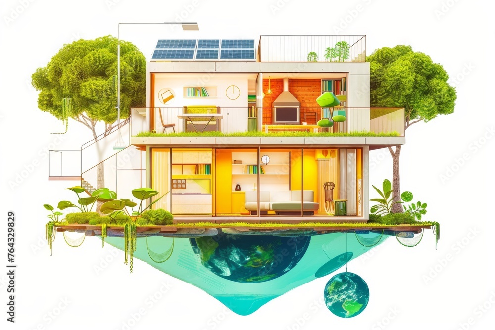 Illustration of a sustainable house with a cross-section view ...