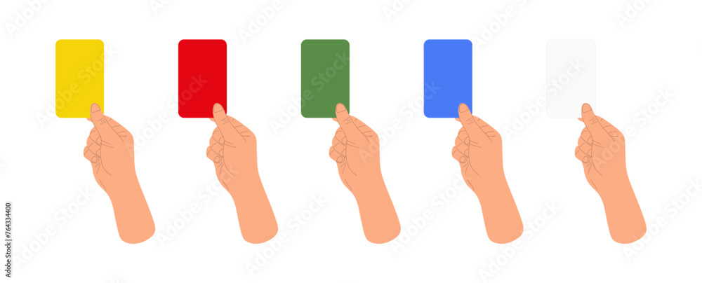 Soccer cards yellow, red, green, blue and white in hand. Referee hand ...